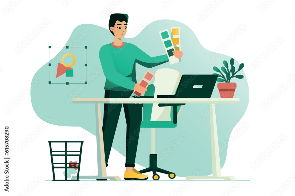 Design studio concept with people scene in the flat cartoon design. The ...