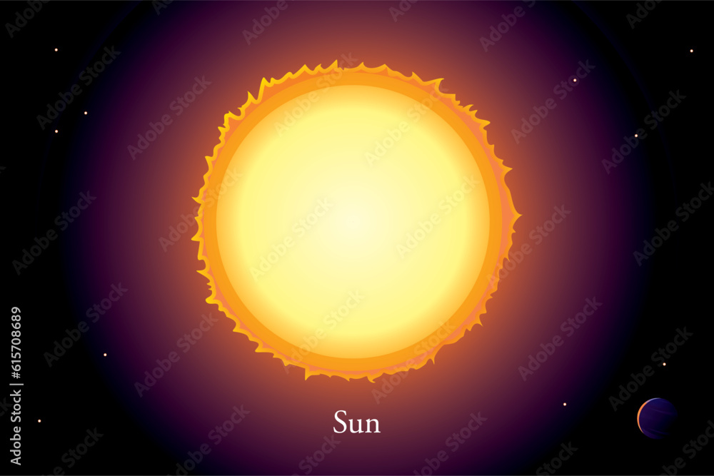 Bright Sun against the dark starry sky in Solar System. vector sun in a ...