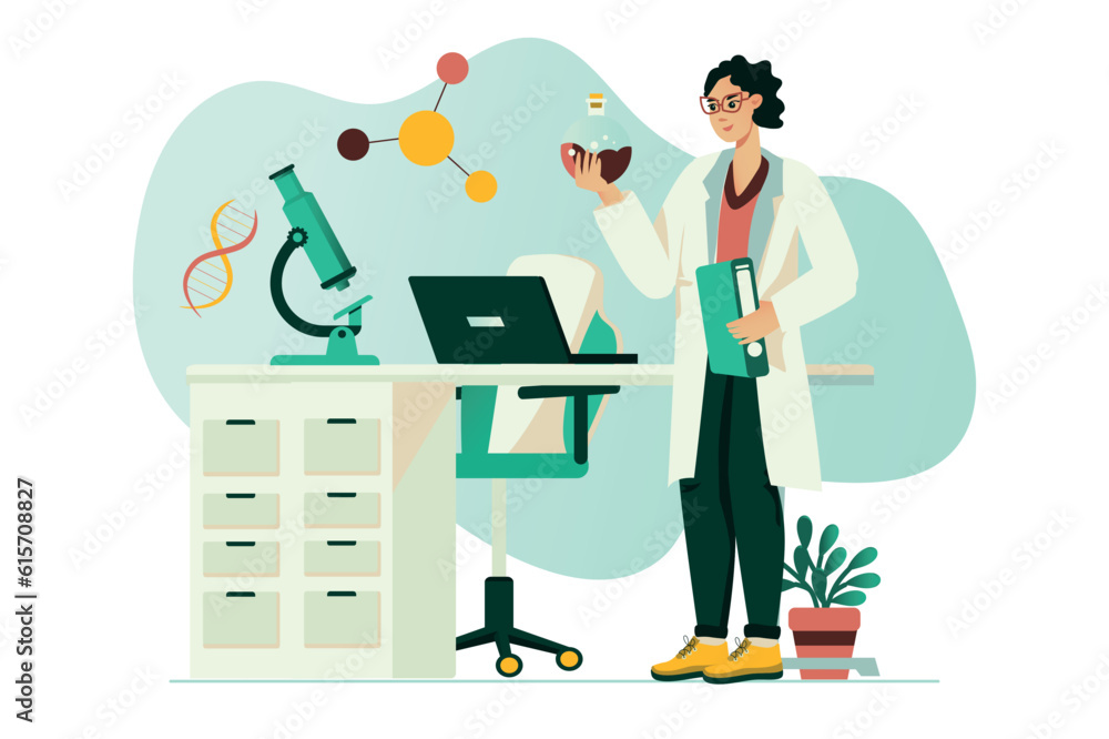 Science lab concept with people scene in the flat cartoon style. A ...