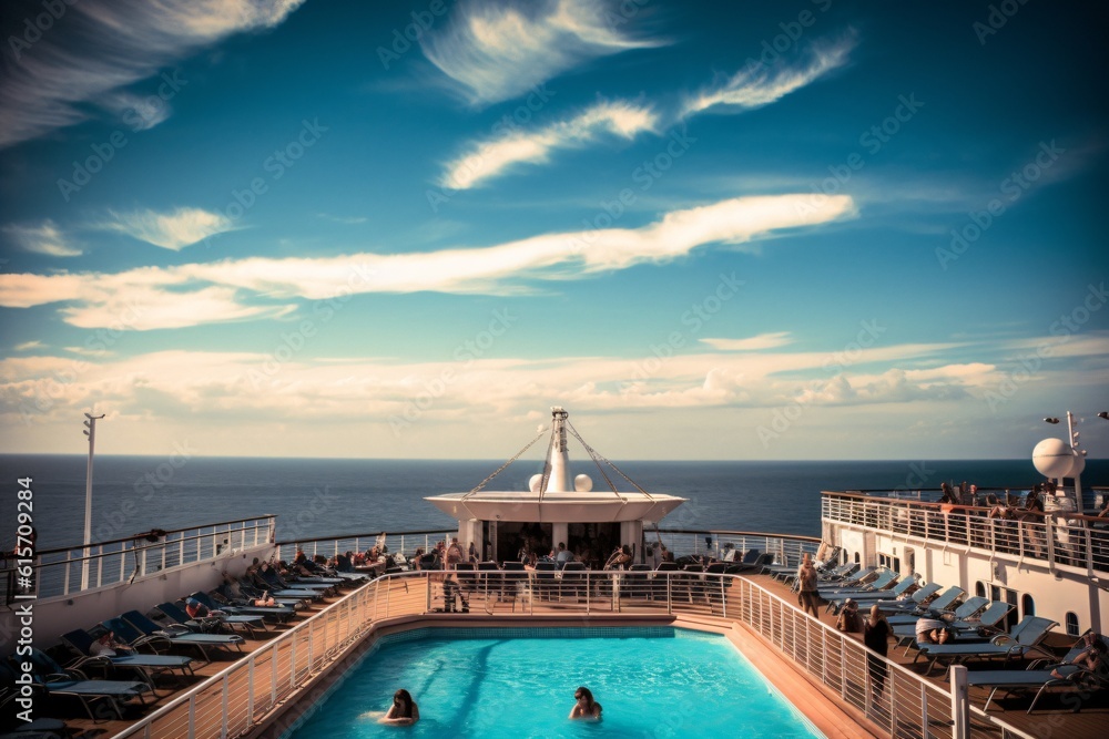 An infinity pool on a cruise ship, with passengers relaxing on deck ...