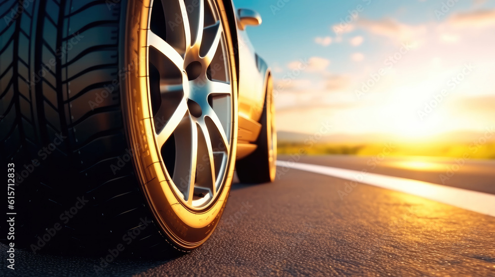 Tires on the asphalt road, Low angle side view of car driving fast at ...