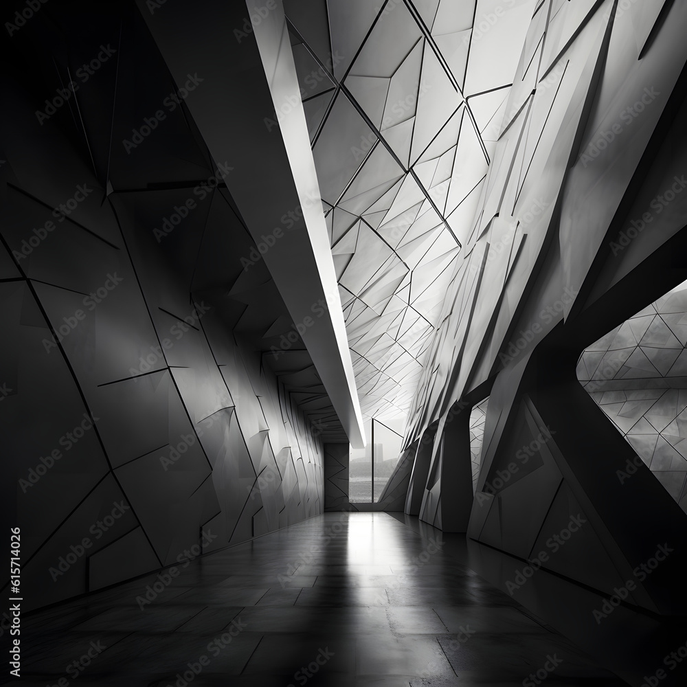 A starkly modern hallway of abstract architecture is captured in this ...