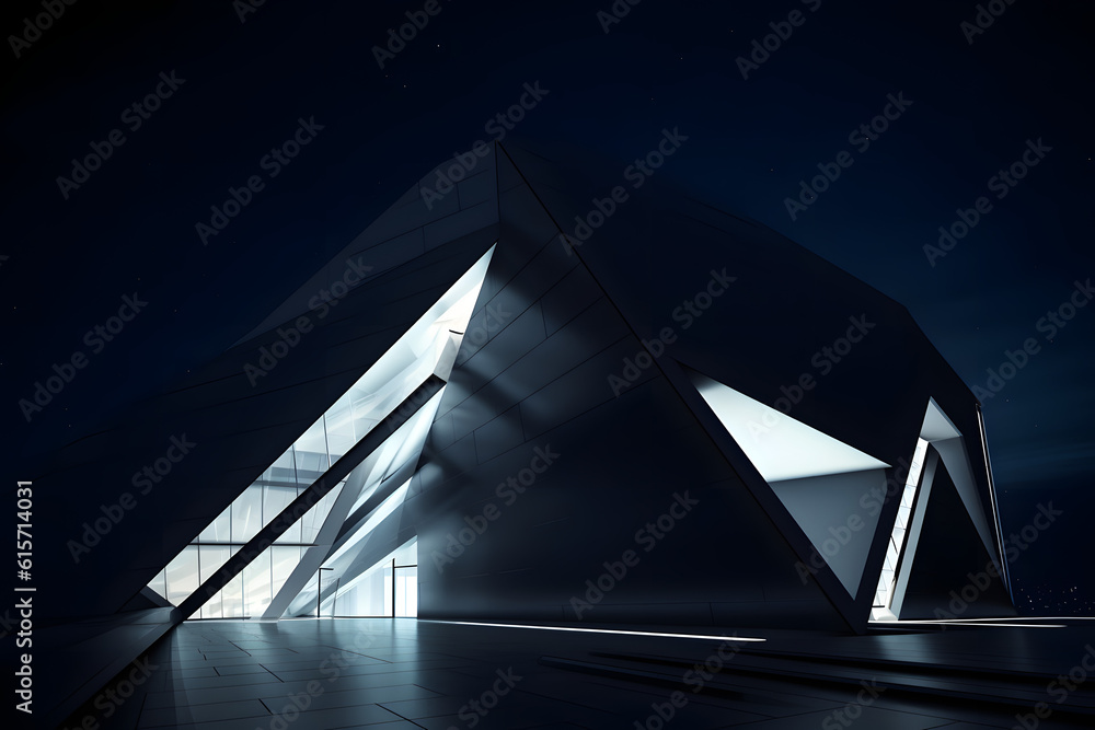 A modern building in a triangular shape stands out against the skyline ...
