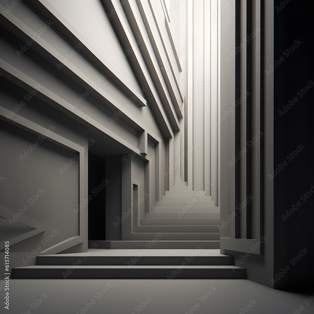 A surreal scene of abstract minimalism—a stark staircase leading up to ...