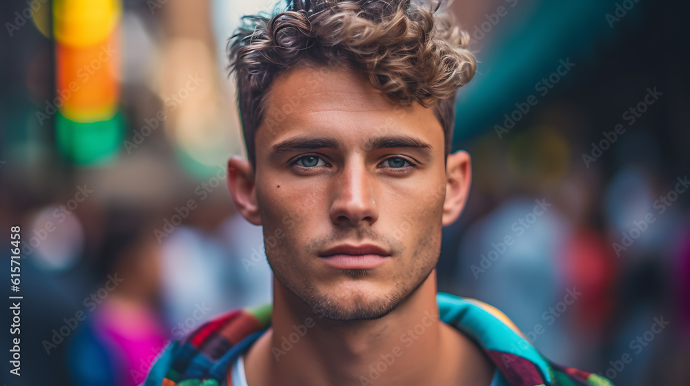 Handsome man against the blurry background of the city.Created with ...