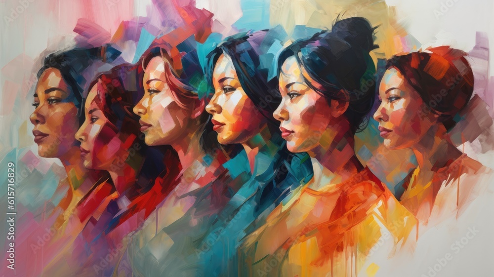 Women's Equality Day art banner poster. Many diverse women of different ...