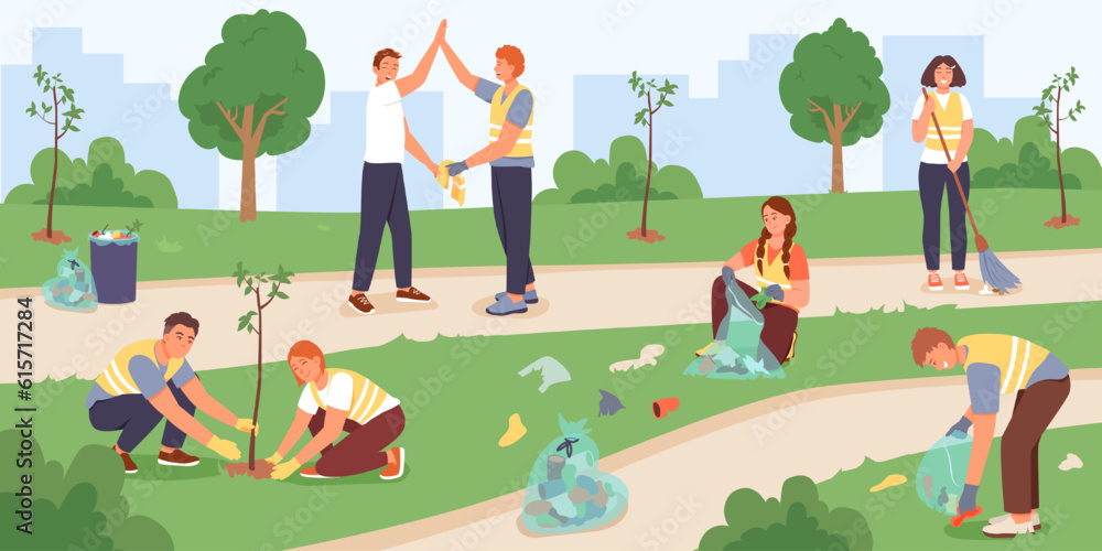 Active youth cleaning territory of park. Male and woman planting tree ...