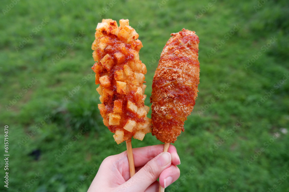 famous Korean street food, corn dog and potato corn dog with seasoning ...