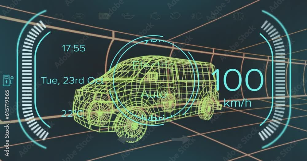 Animation of speedometer with texts, changing numbers over 3d model of ...