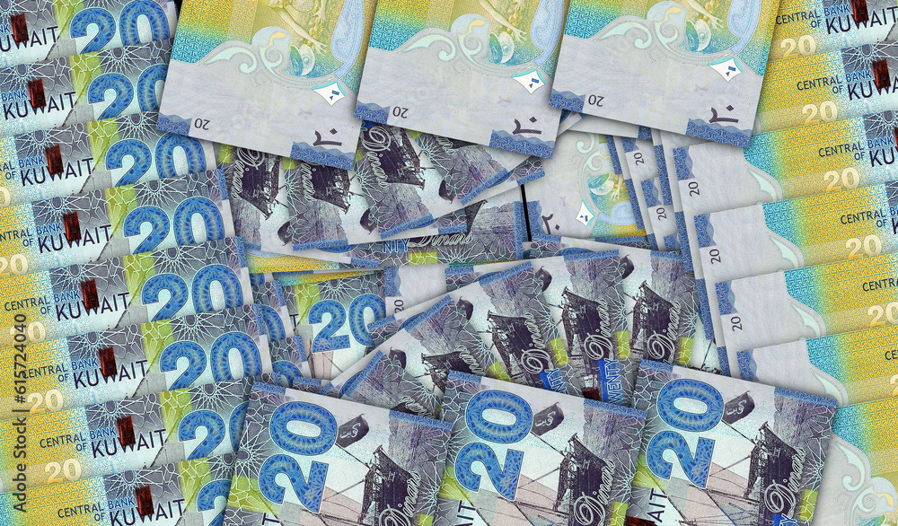 Kuwait Dinar KWD banknotes in a fan mosaic pattern 3d illustration ...
