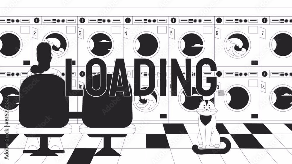 Waiting laundry bw loader animation. Woman in launderette with cat ...