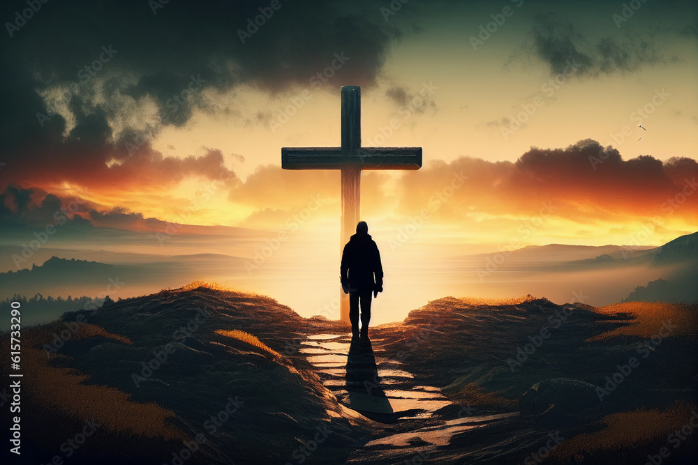 Man near cross. Christian and cross. AI Generated Stock Illustration ...