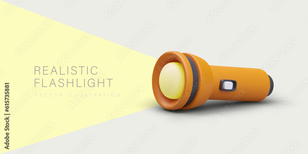 Isometric orange flashlight. Modern lighting device is on. Colorful ...