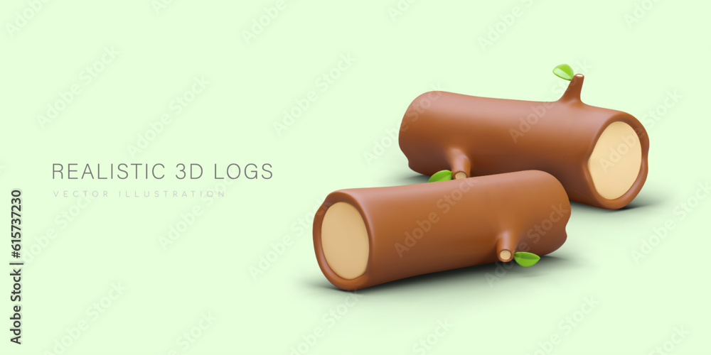 Poster with 3D logs. Sawn wide tree trunks with brown bark. Natural ...