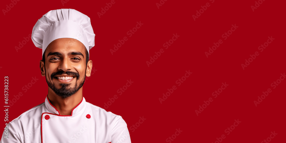 Portrait of a smiling indian male chef isolated on solid red background ...