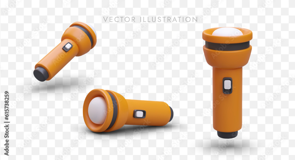 Set of 3D flashlights in cartoon style. Colored hand held tourist lamps ...
