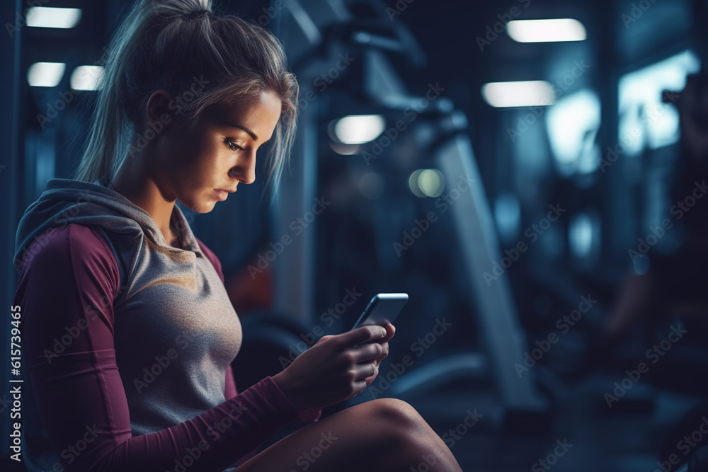 Beautiful young fit blonde woman in active-wear texting messages on her ...