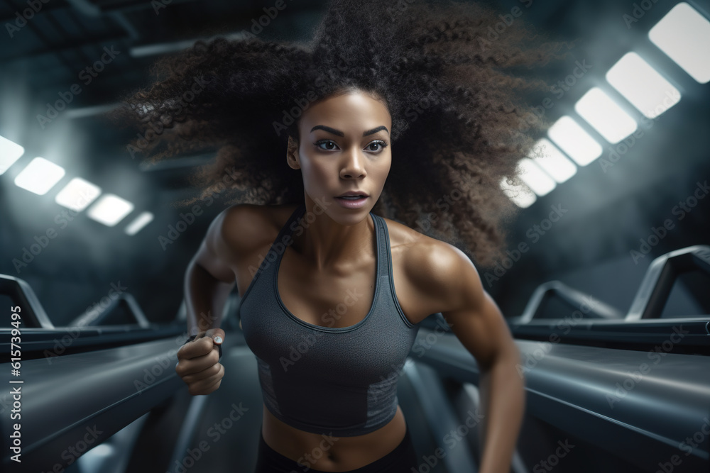 Beautiful young black woman with long curly hair running on treadmill ...