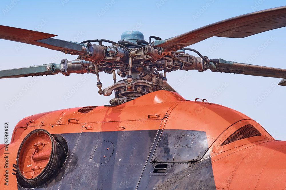 Foto de Helicopter close-up. Main rotor blades of red fire helicopter ...