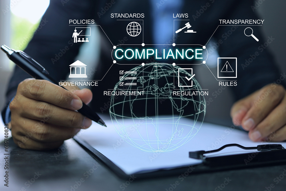 Poster Compliance global infographic concept of legal certification of different countries or ...