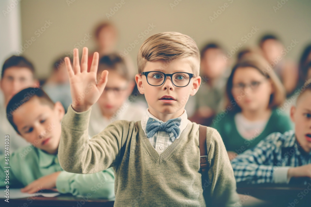 Pupil with raised hand, little school boy wearing glasses raising hands ...
