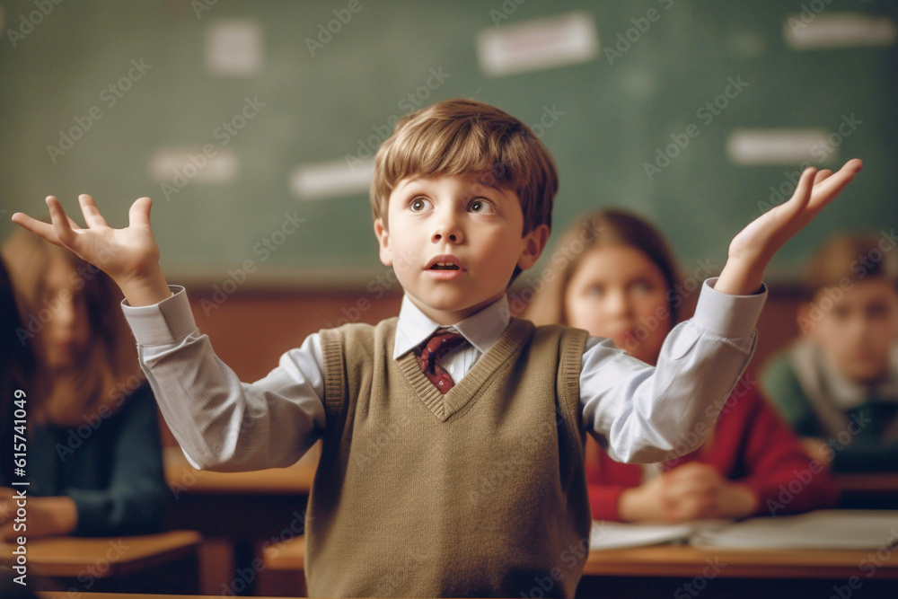 Pupil with raised hand, little school boy raising hands up in classroom ...