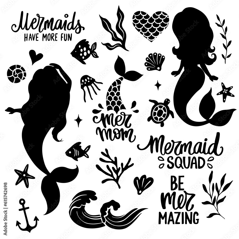Cute Mermaids Silhouette Black and WhiteIllustrations Vector Collection ...