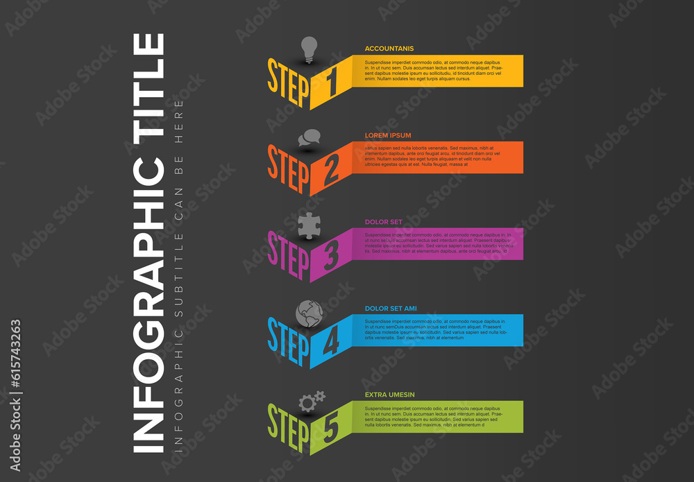 Infogrpahic five dark steps diagram template for workflow, business ...