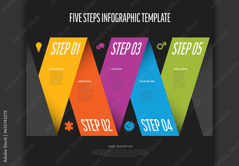 Five color stripe folded paper steps process infographic on dark ...