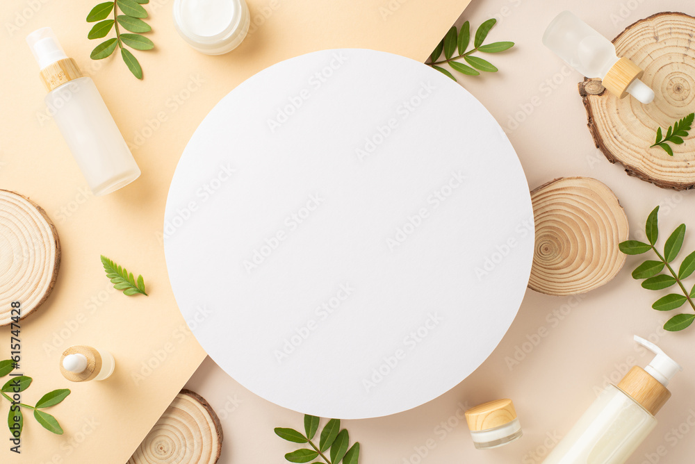 Eco friendly cosmetics concept. Top view photo of empty circle with ...