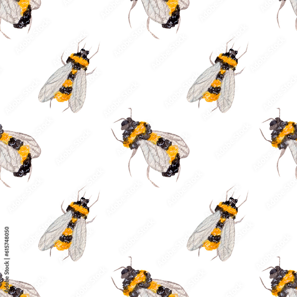 Watercolor seamless pattern, bright bees on white background. Simple ...