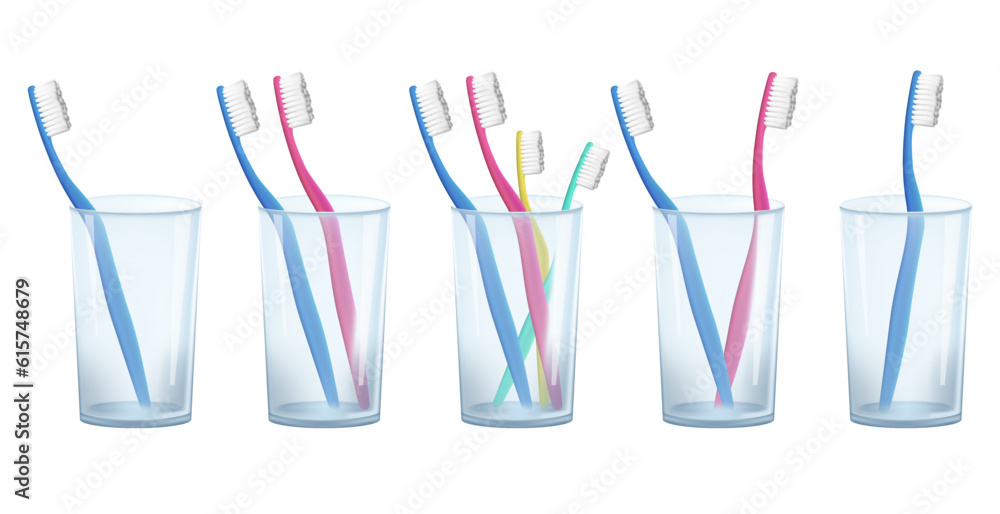Realistic 3D toothbrush set in a glass cup, featuring a pair of ...
