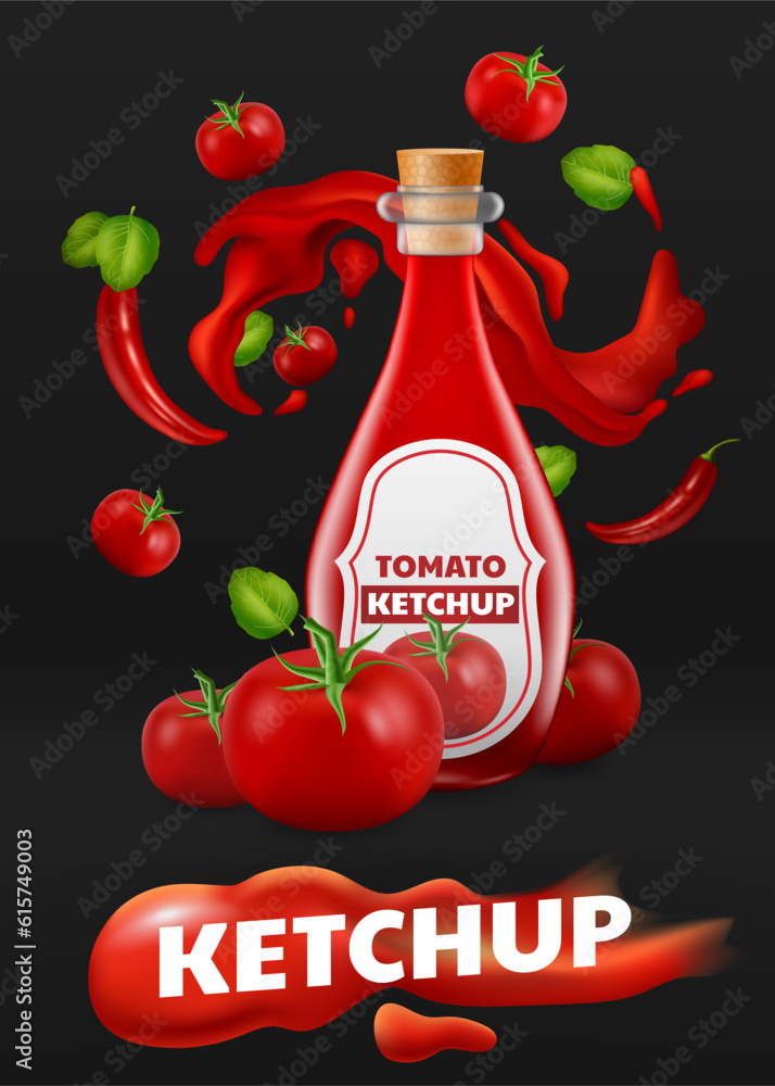 Realistic 3D vector illustration featuring a bottle of flavorful tomato ...
