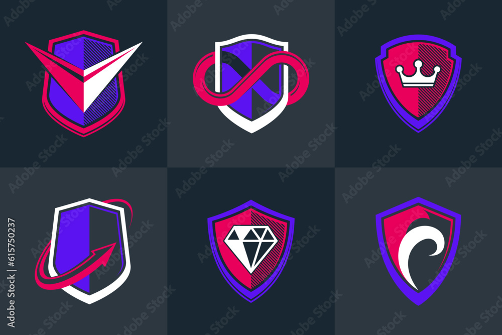 Classic shields shapes set with different additional elements vector ...
