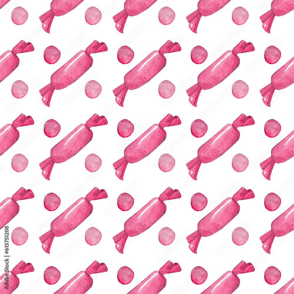Dragees and sweets in pink wrappers. Watercolor illustrations. Festive ...