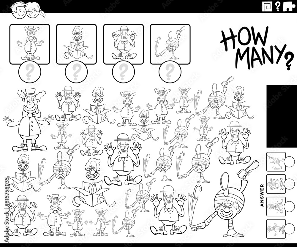 how many cartoon clowns counting task coloring page Stock Vector ...
