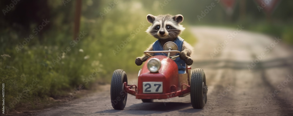 Raccoon driving a toy car on the road in the forest (ai generated ...