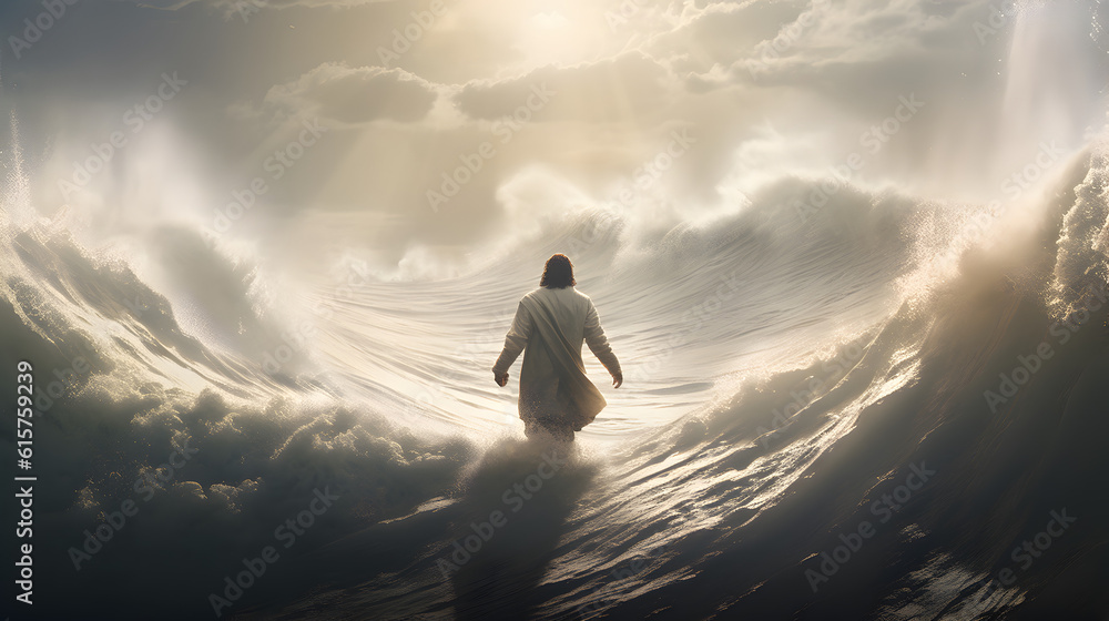 Jesus Christ walking on water. Storm with huge waves. AI generated ...