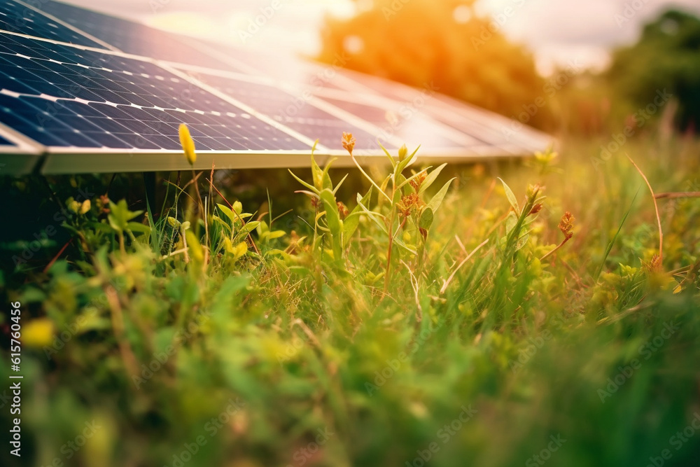 Solar panels installed in a beautiful meadow, Natural climate solutions ...