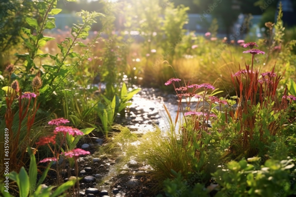 Rain garden capturing and filtering stormwater runoff, Natural climate ...