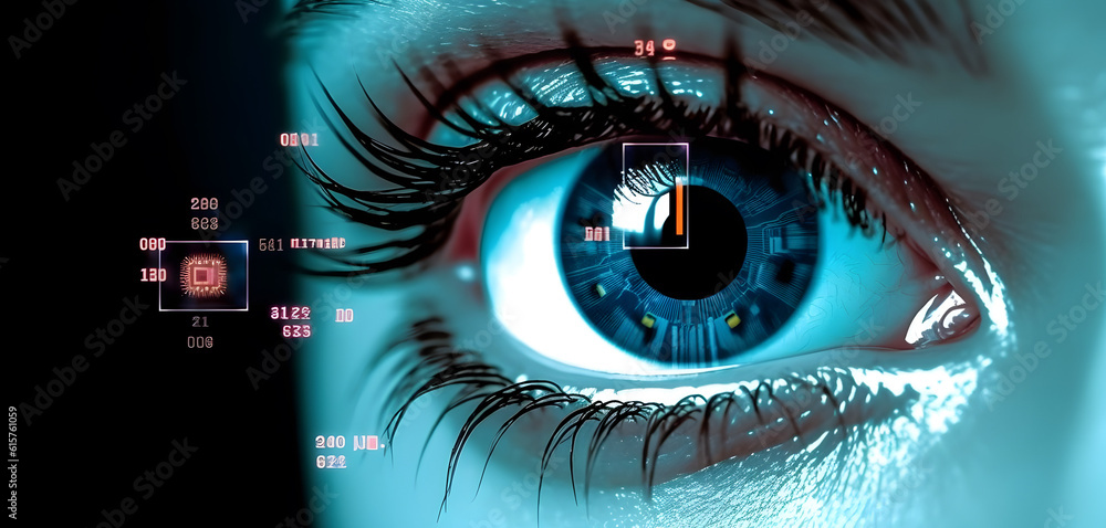 Stockillustratie Woman eye with digital coding iris screen. Concept of ...