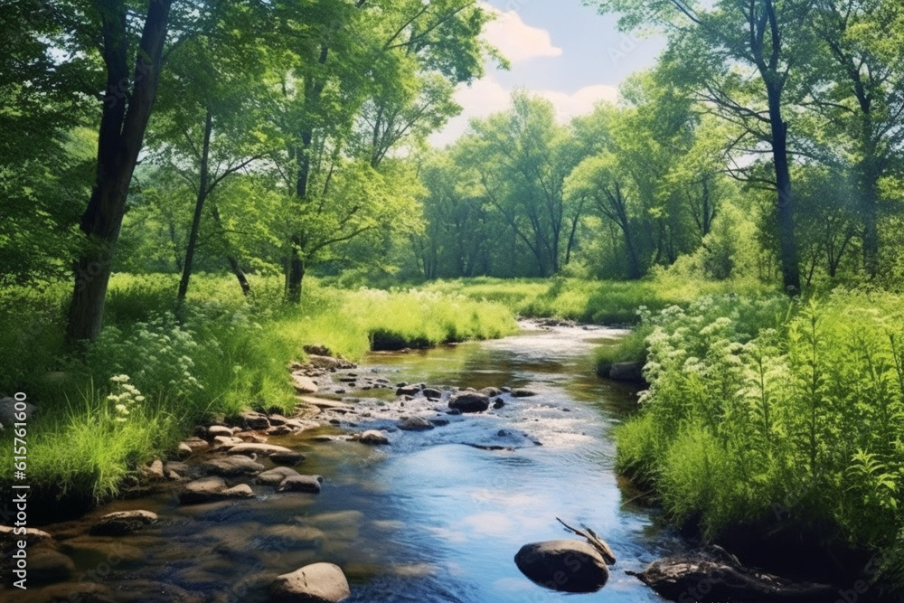 A river or stream with a riparian buffer of trees and shrubs, Natural ...