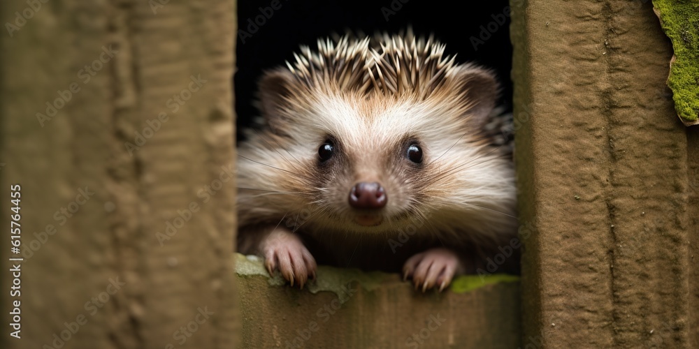 Shocked hedgehog peeks out from around the corner, concept of Surprised ...