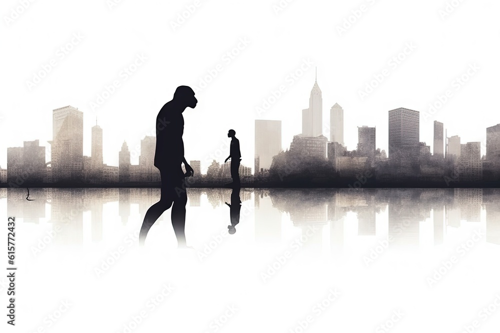 On backdrop of a rising cityscape, the silhouette of human evolution ...