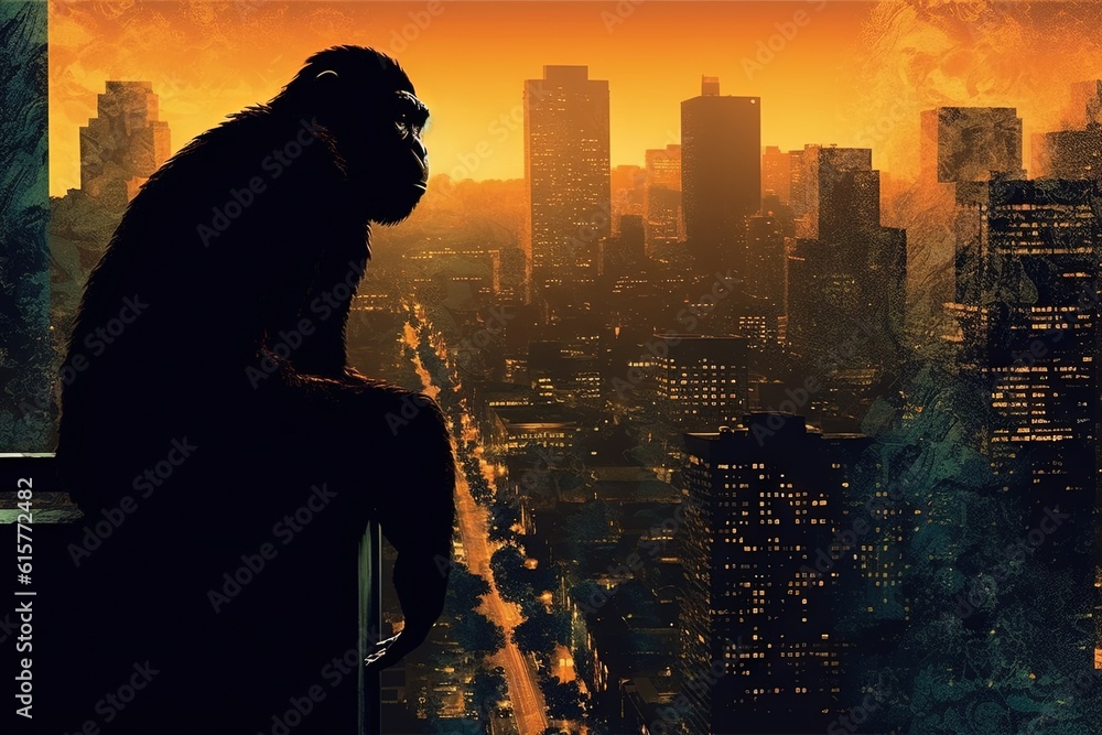 On backdrop of a rising cityscape, the silhouette of human evolution ...
