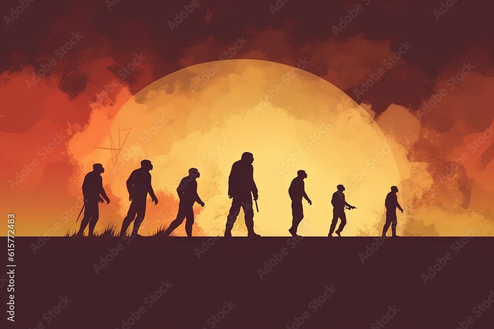 The silhouette of human evolution unfolds like a dance, as the primal ...