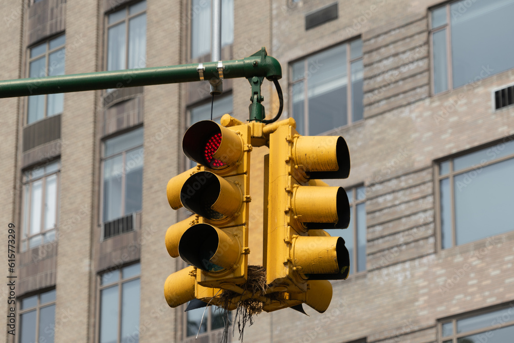 Traffic light signal in the city. American style yellow traffic light ...