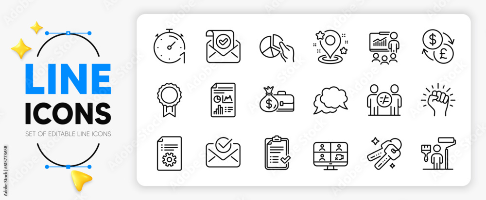 Pie Chart Technical Documentation And Keys Line Icons Set For App Include Report Document