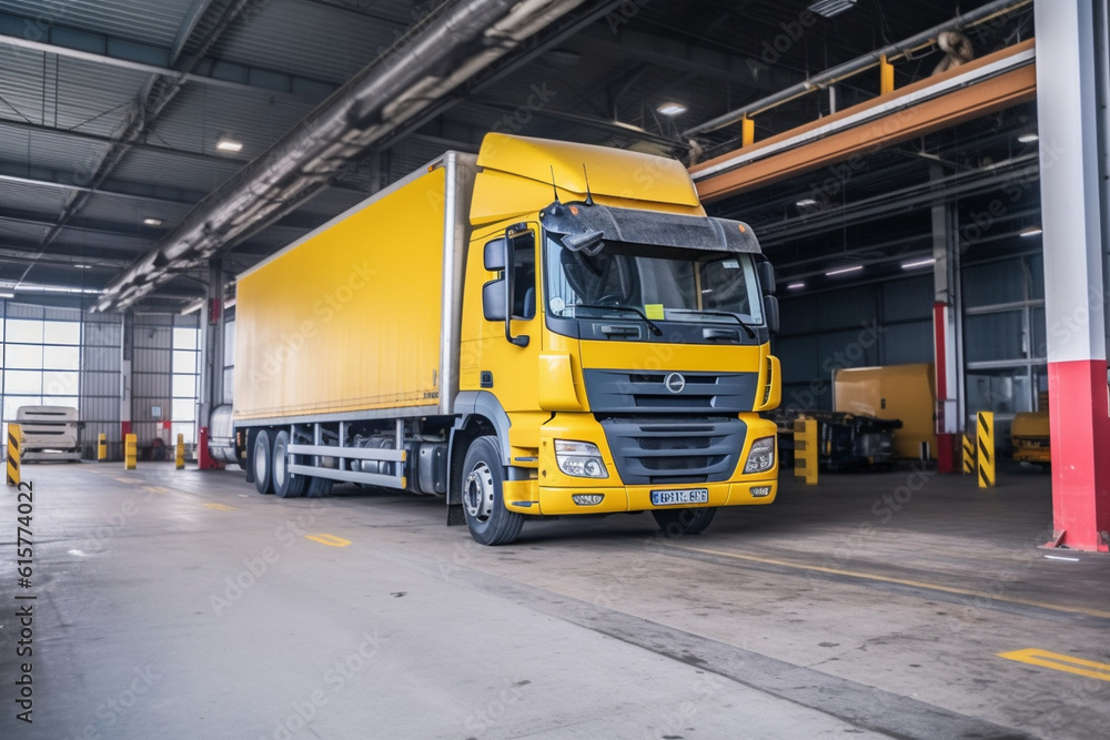 Loading dock area with trucks being loaded and unloaded in a factory ...