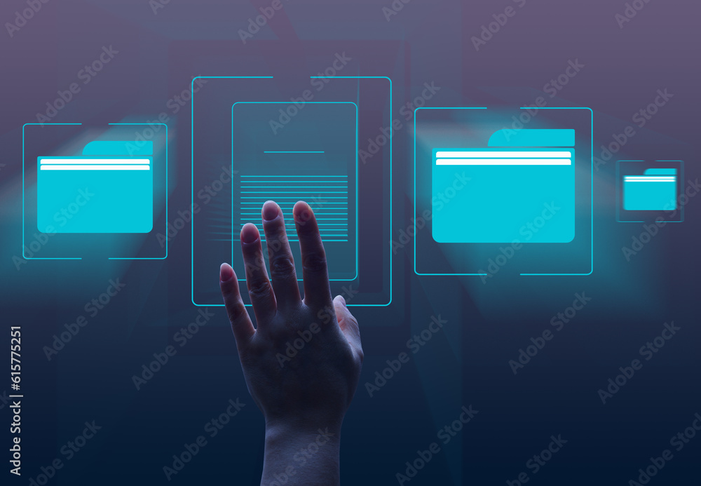 A female hand and virtual icons of folders and files, a concept of data ...